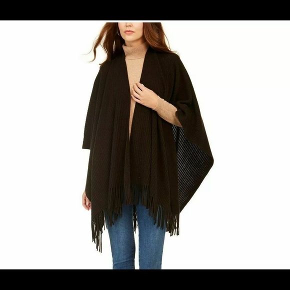 Cejon | Jackets & Coats | Black Ribbed Knit Fringe Ruana Wrap Cape ...